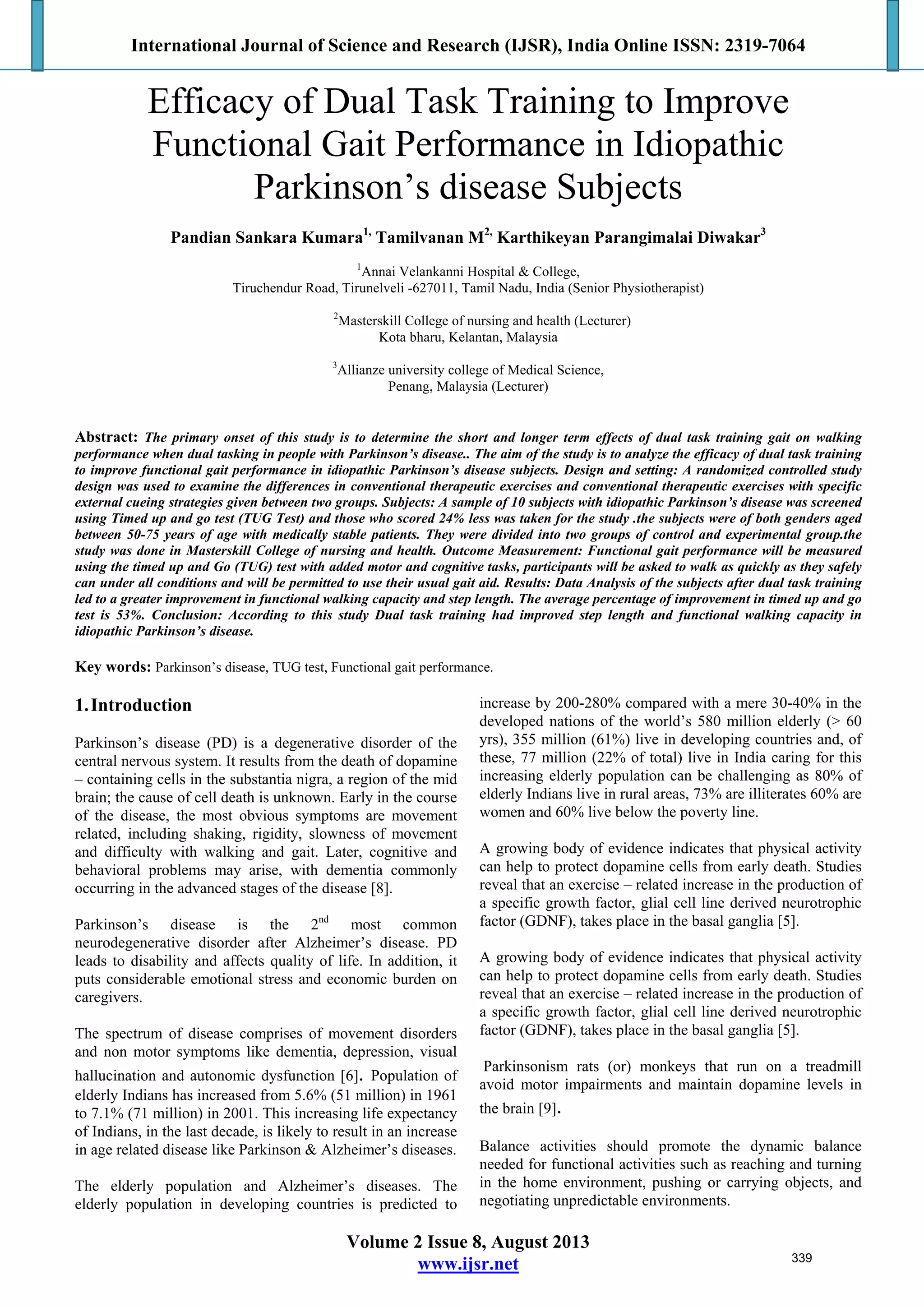 Efficacy of Dual Task Training to Improve Functional Gait Performance ...