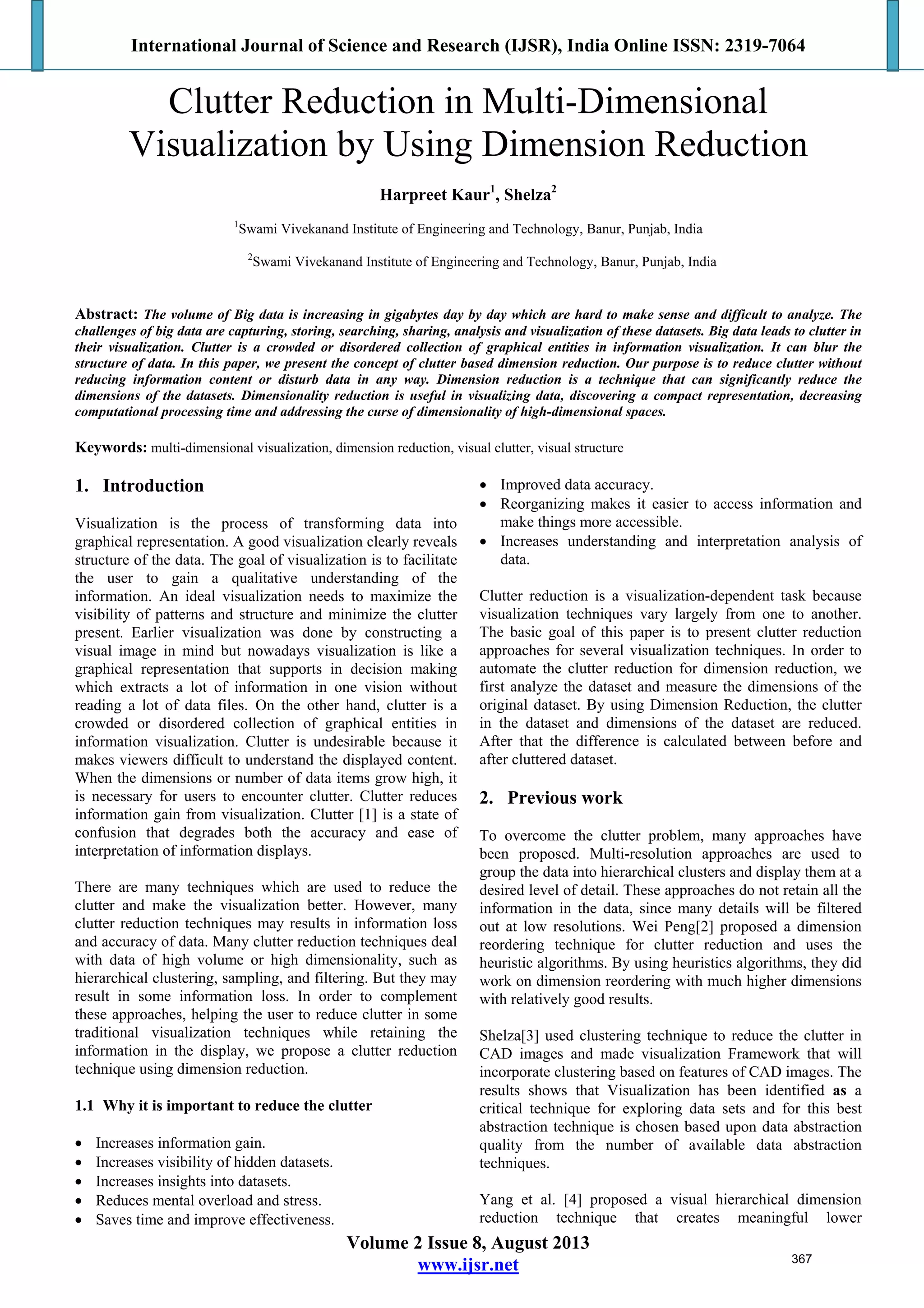 Clutter Reduction In Multi Dimensional Visualization By Using Dimension Reduction Pdf