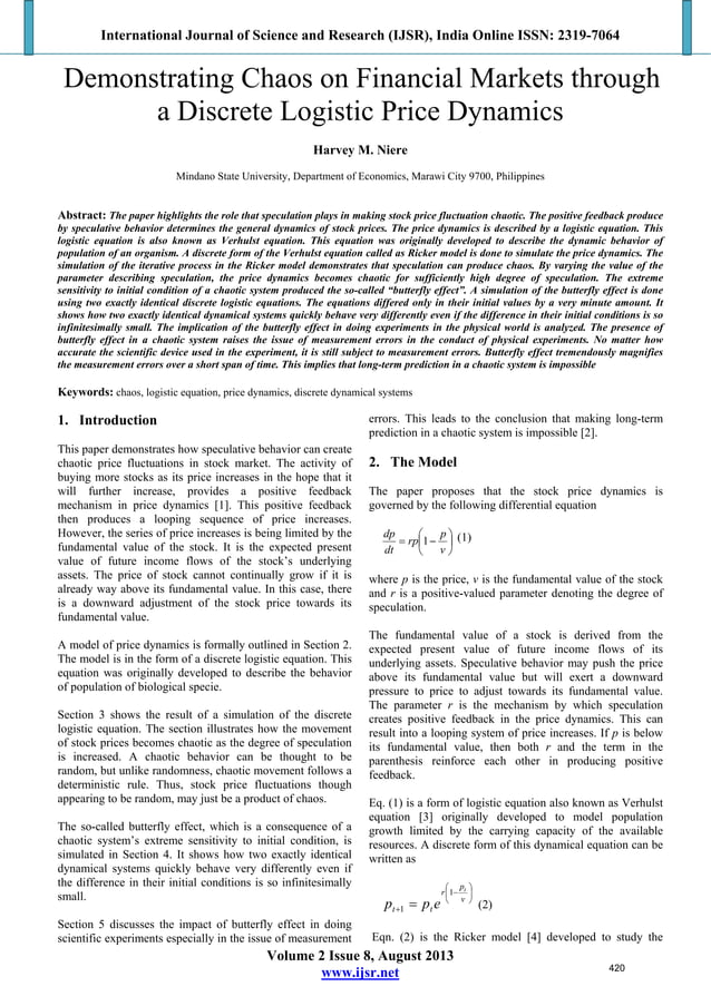 Demonstrating Chaos on Financial Markets through a Discrete Logistic Price Dynamics | PDF