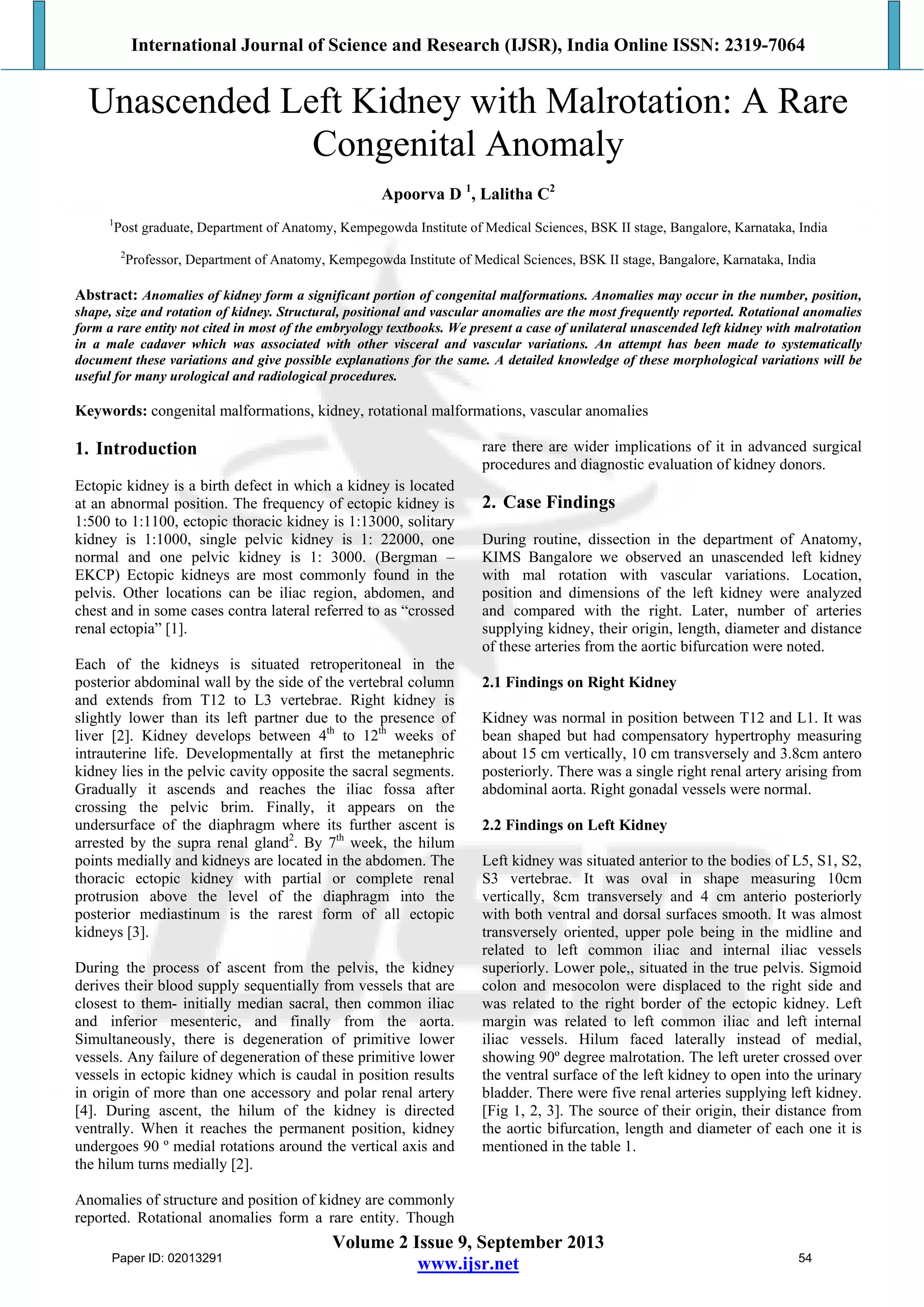 Unascended Left Kidney with Malrotation: A Rare Congenital Anomaly | PDF