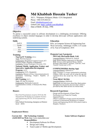 Md khabbab hossain tusher resume &ios developer | PDF