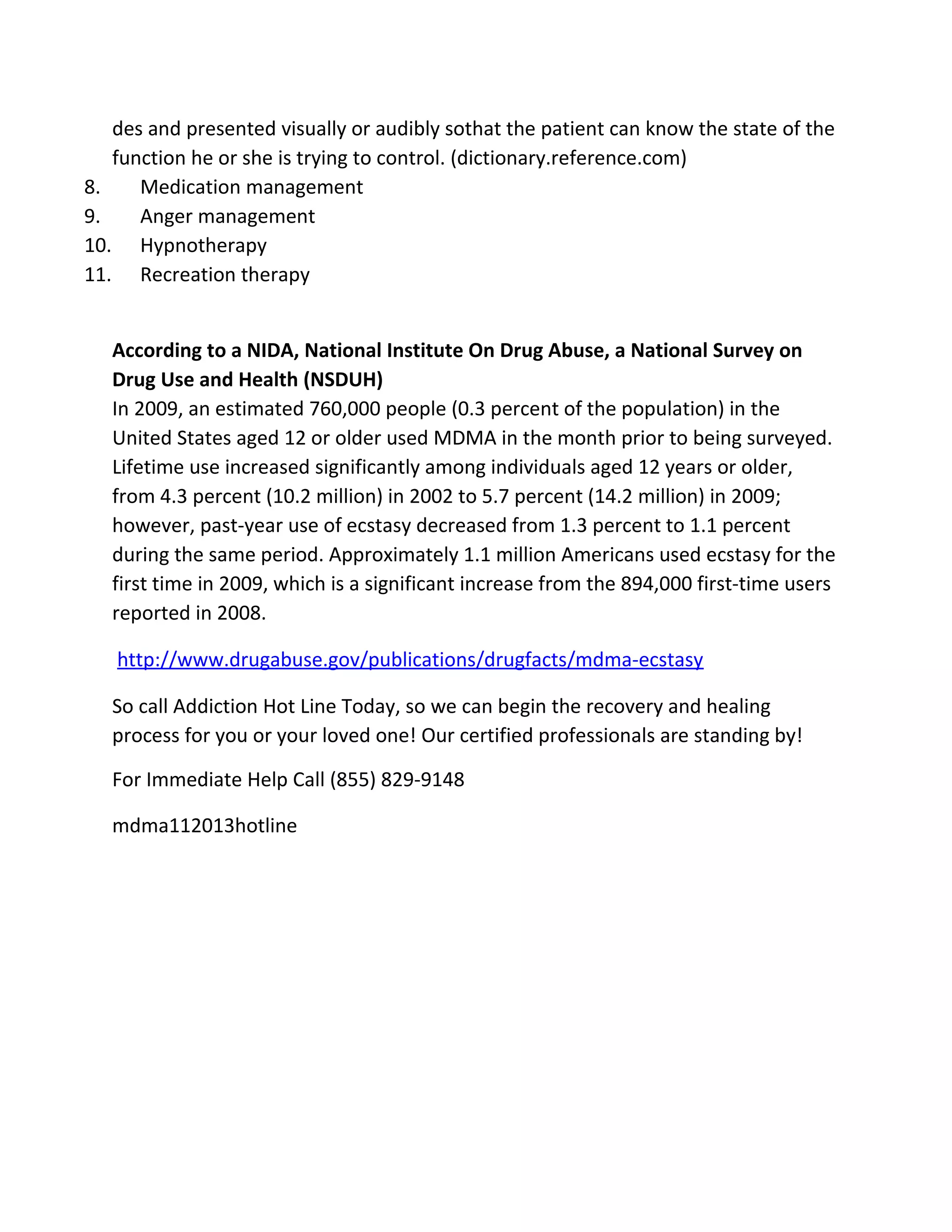 Mdma (methylenedioxy methamphetamine) addiction hotline | DOC
