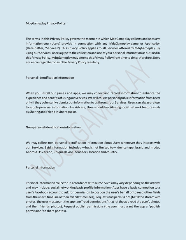 Mdq gameplay privacy policy | PDF
