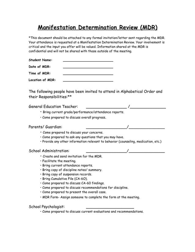MDR Checklist And Responsibilities | DOC | Special Education | Education