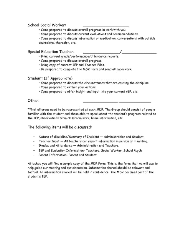 MDR Checklist And Responsibilities | DOC | Special Education | Education