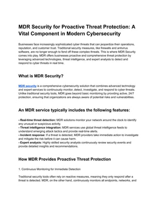MDR Security for Proactive Threat Protection A Vital Component in Modern Cybersecurity | PDF