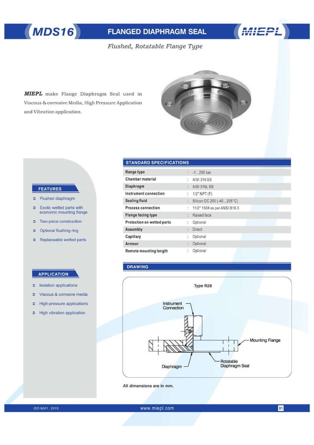 MDS16 Flanged Diaphragm Seal - Flushed, Rotatable Flange Type | Miepl | PDF