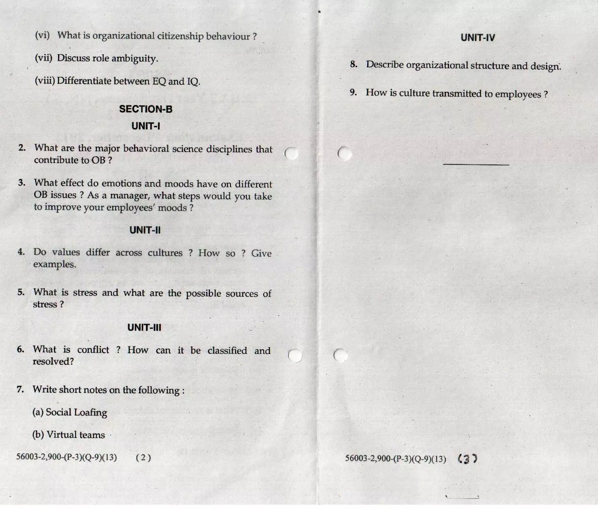Organisational Behaviour MBA Question Paper | PDF