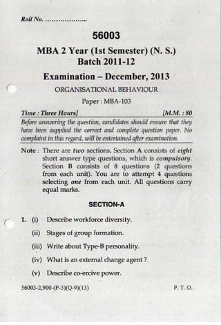 Organisational Behaviour MBA Question Paper | PDF