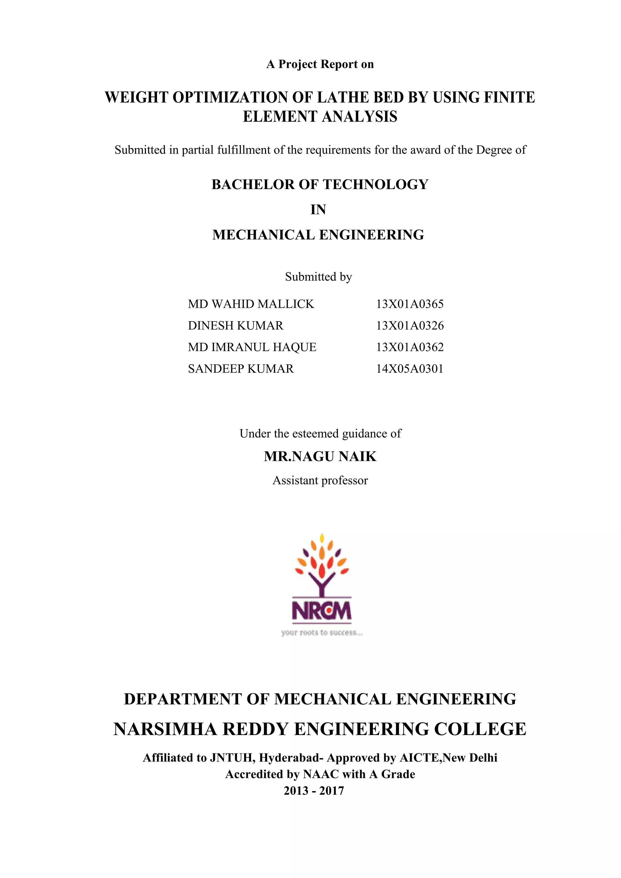 weight optimization of lathe bed using FEA | DOC