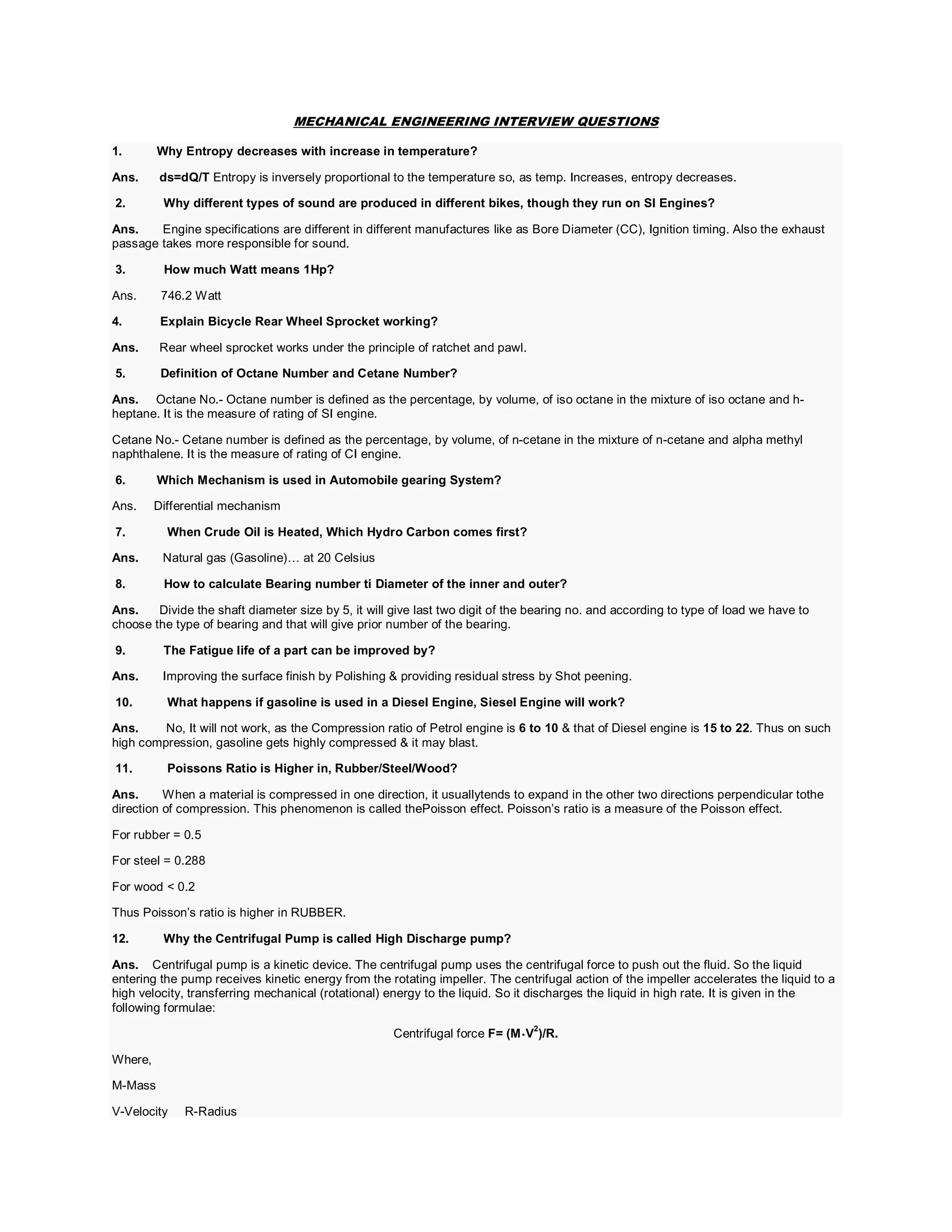 Interview Questions for Mechanical Engineering Students | PDF
