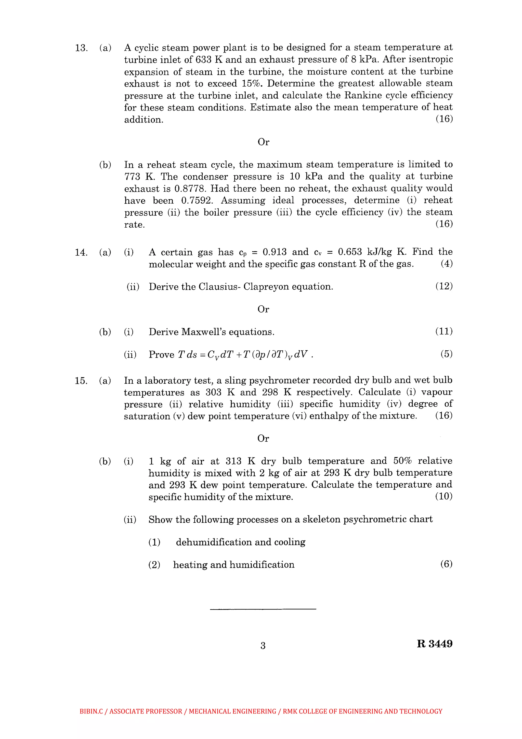 Me1201 engineering thermodynamics uq - nov dec 2007 | PDF