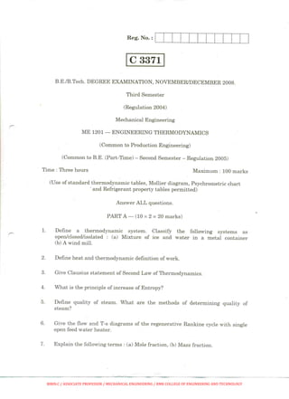 Me1201 engineering thermodynamics uq - nov dec 2008 | PDF