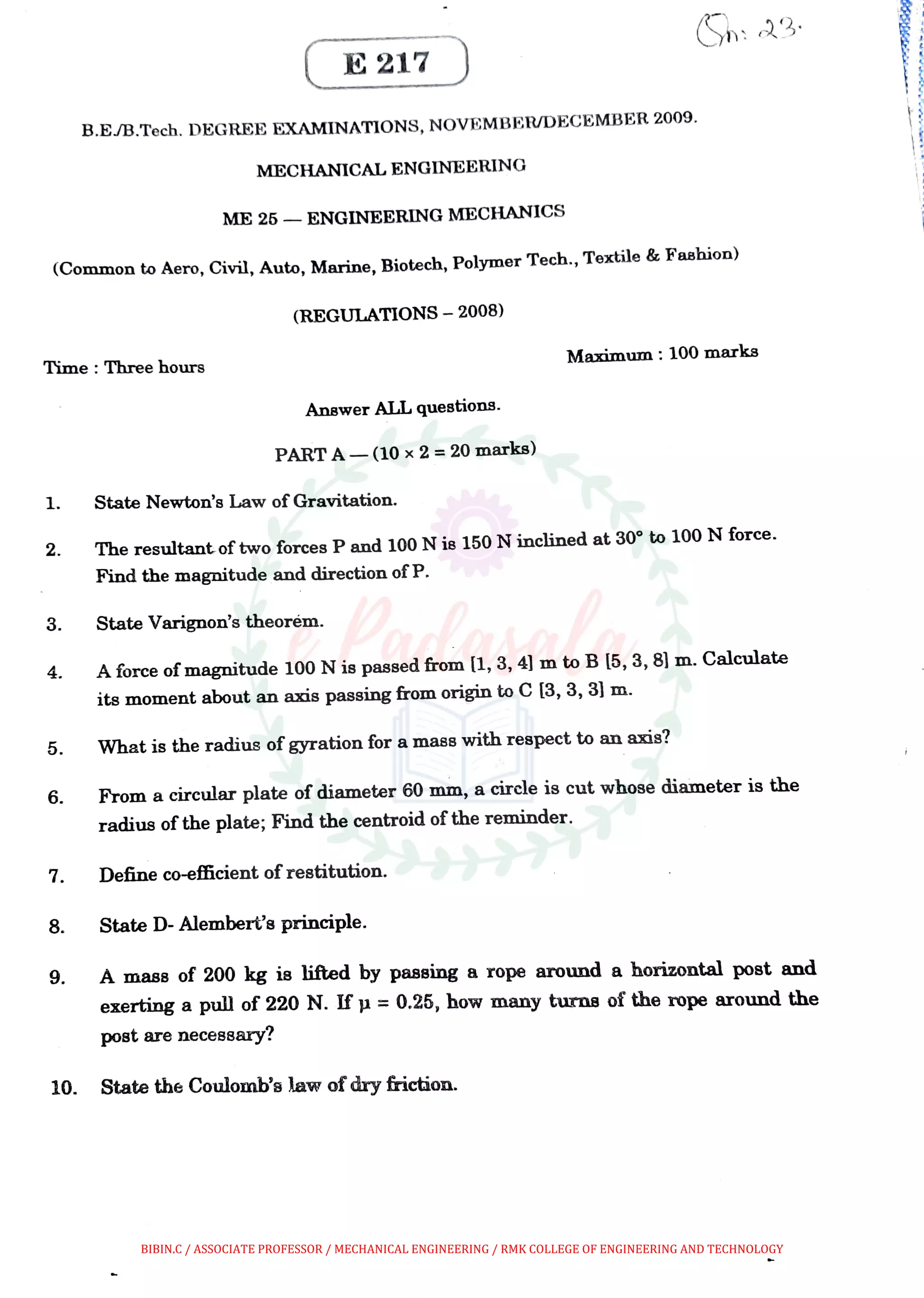 Me 25 engineering mechanics anna university november december 2009 ...