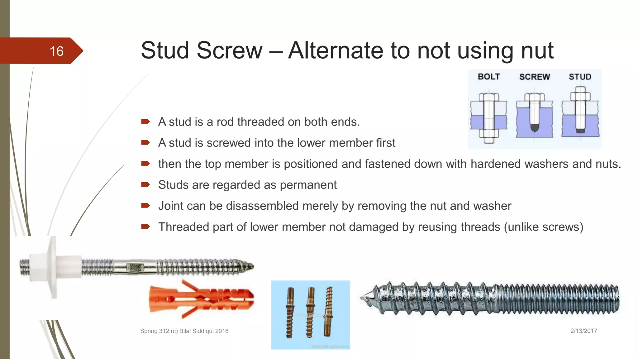 ME 312 Mechanical Machine Design [Screws, Bolts, Nuts] | PPTX