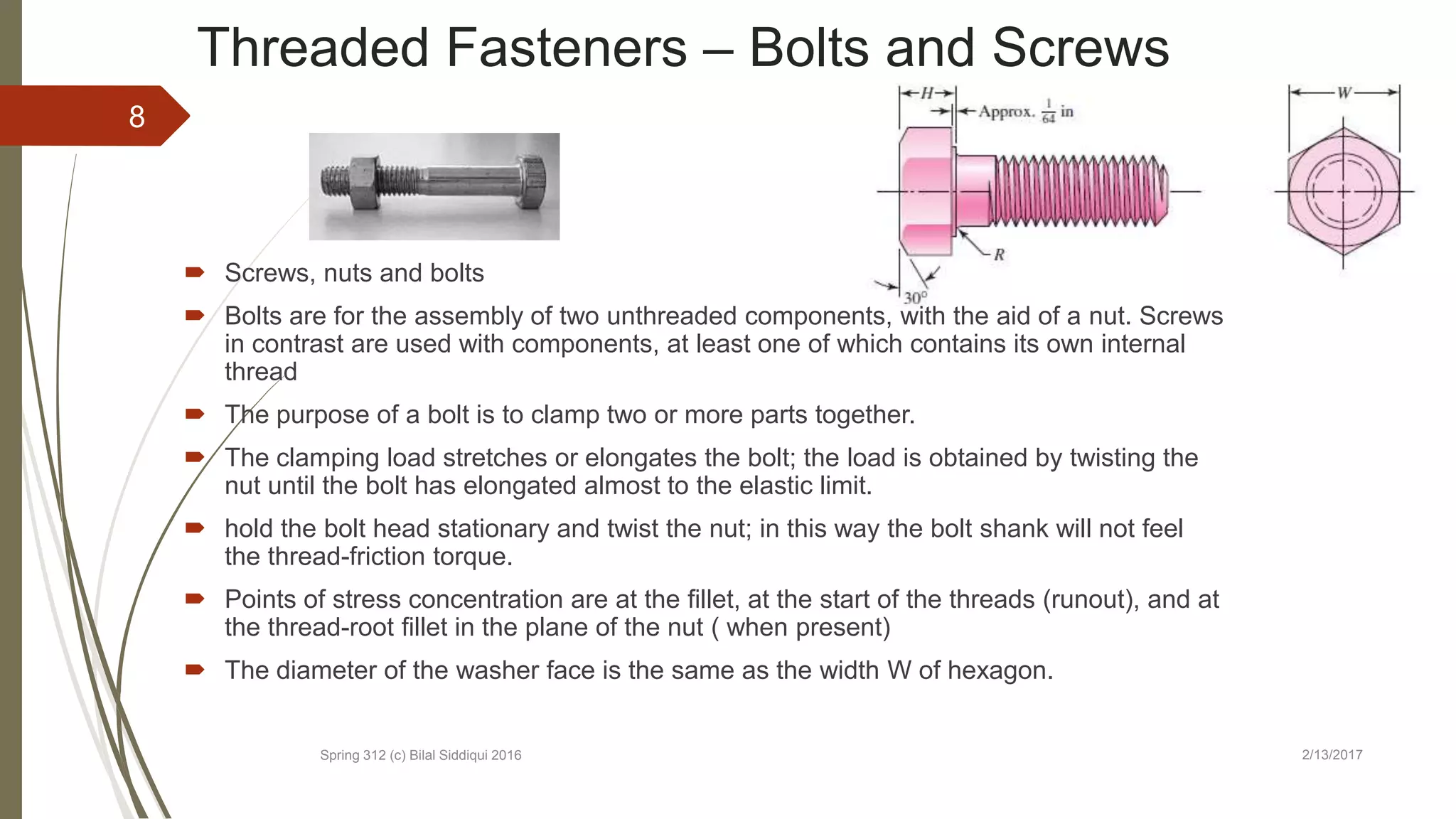 ME 312 Mechanical Machine Design [Screws, Bolts, Nuts] | PPTX