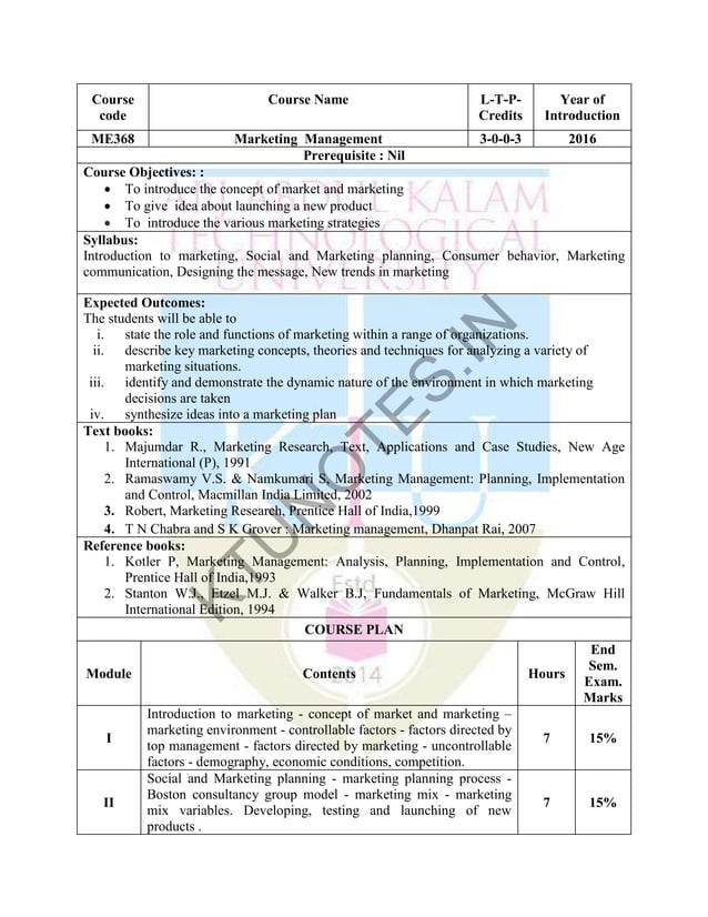 Me368 marketing management syllabus | PDF