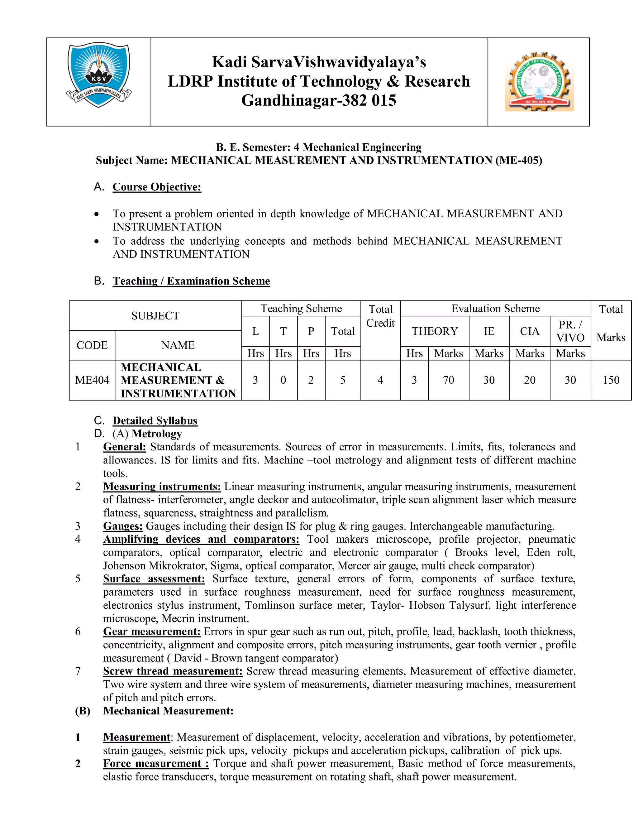 Me405 mechanical measurement & metrology | PDF