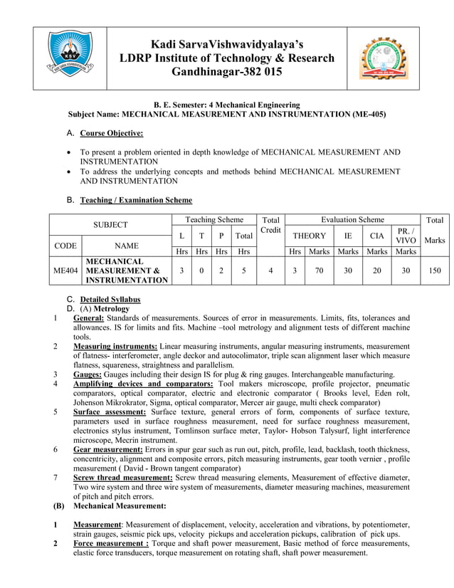 Me405 mechanical measurement & metrology | PDF