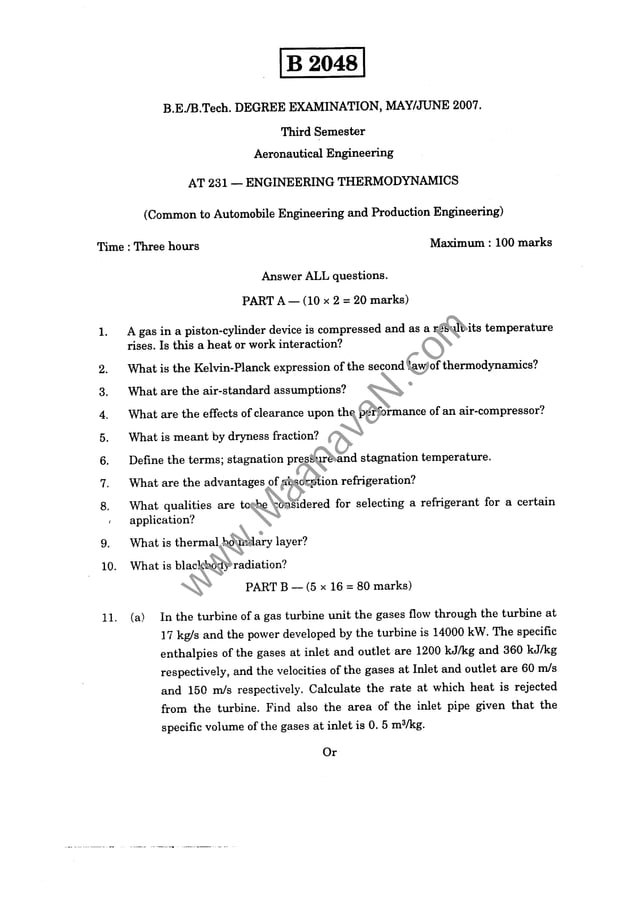 ME6301 ENGINEERING THERMODYNAMICS ANNA UNIVERSITY QUESTION PAPER may ...