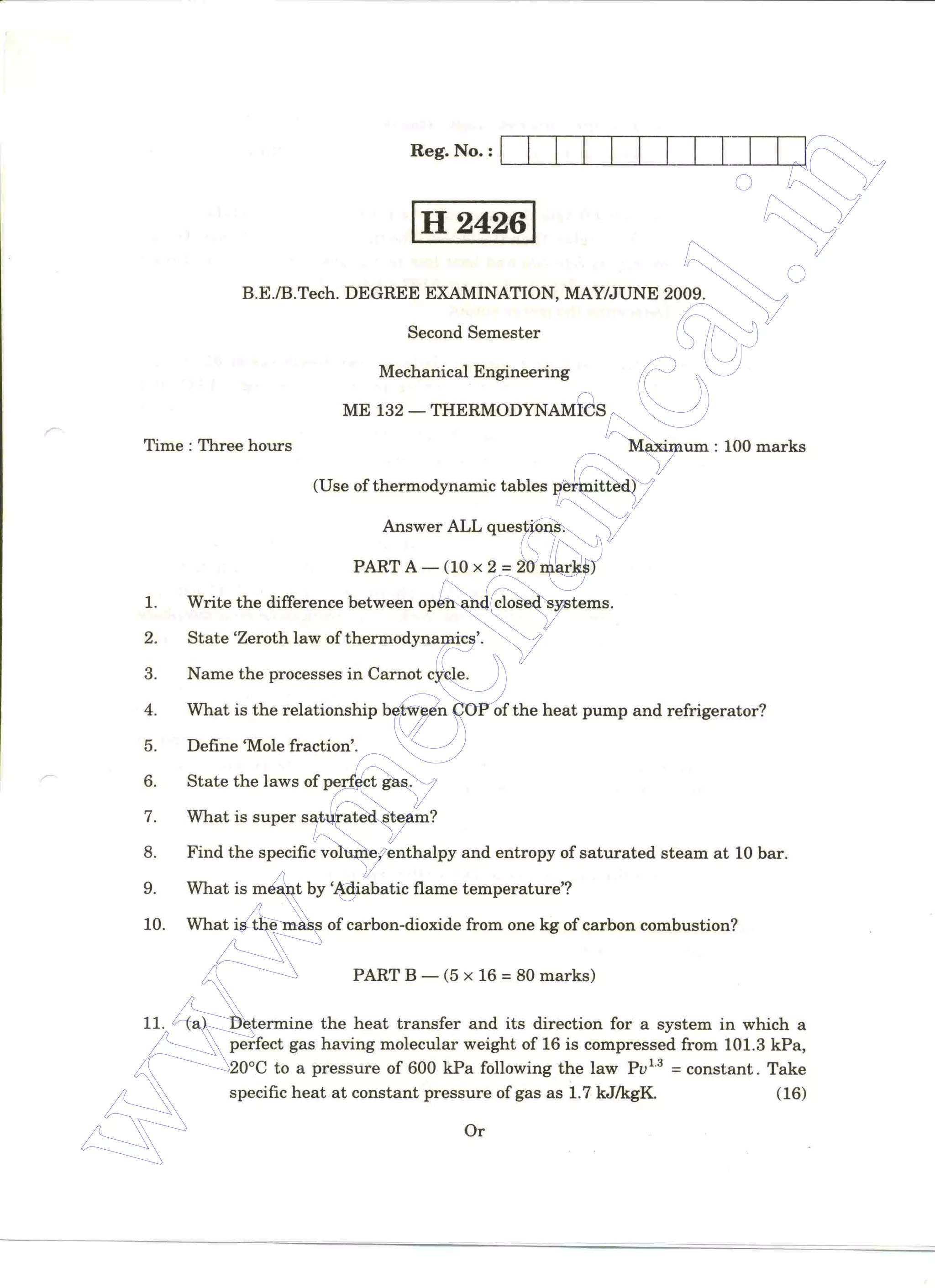 ME6301 ENGINEERING THERMODYNAMICS ANNA UNIVERSITY QUESTION PAPER may ...