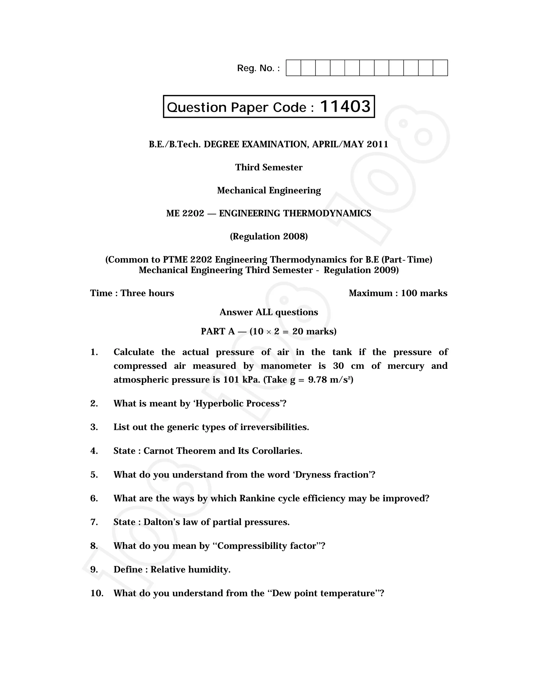 ME6301 ENGINEERING THERMODYNAMICS ANNA UNIVERSITY QUESTION PAPER may ...