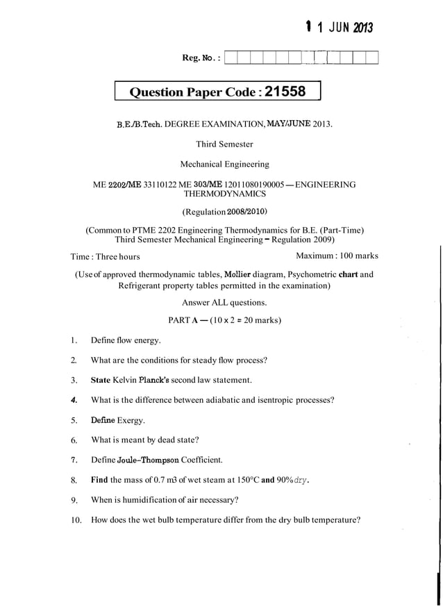 ME6301 ENGINEERING THERMODYNAMICS ANNA UNIVERSITY QUESTION PAPER may ...