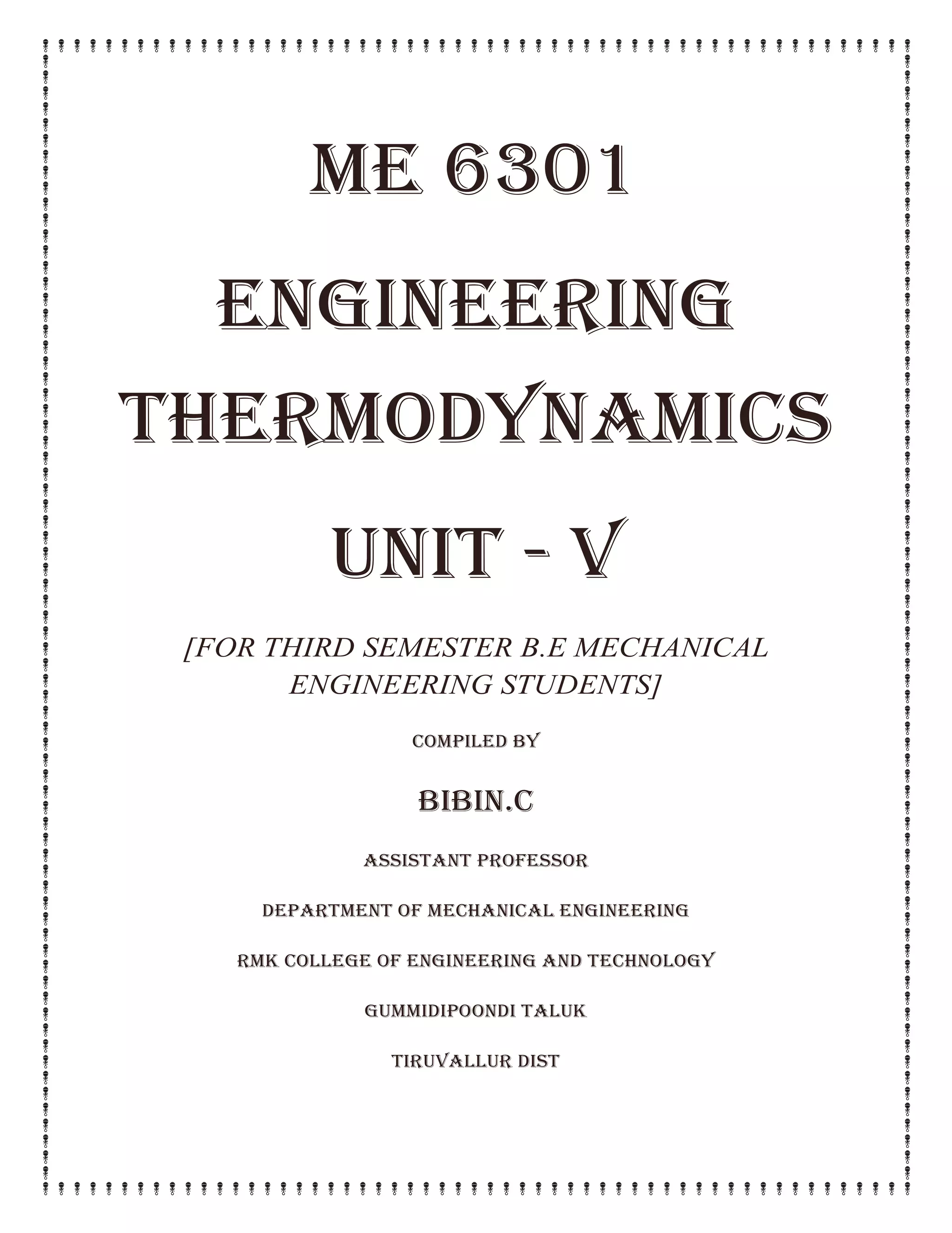 ME6301 ENGINEERING THERMODYNAMICS SHORT QUESTIONS AND ANSWERS - UNIT V | PDF
