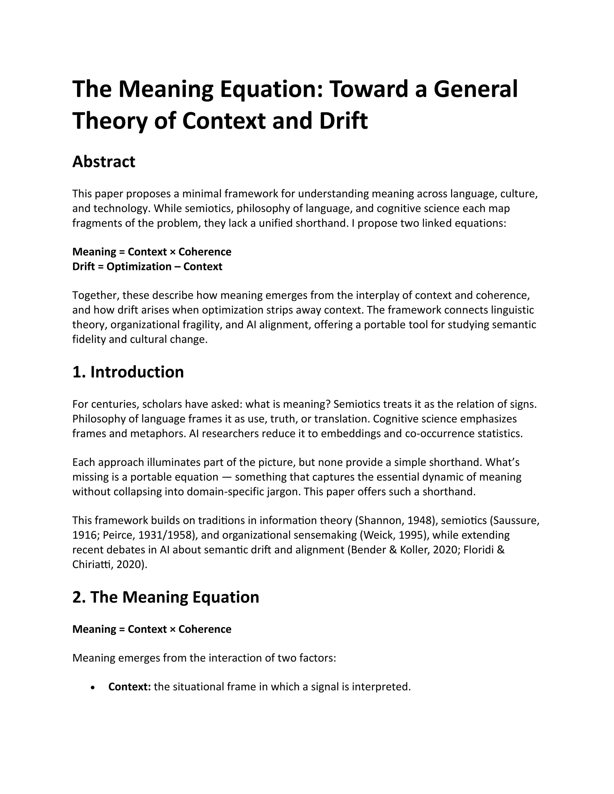 The Meaning Equation: Toward a General Theory of Context and Drift ...