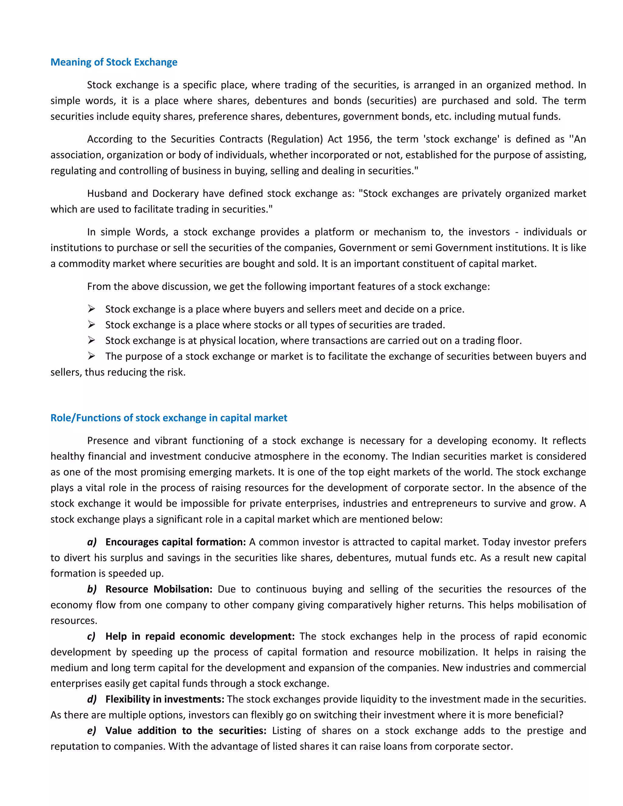 Meaning and role of stock exchange | DOCX
