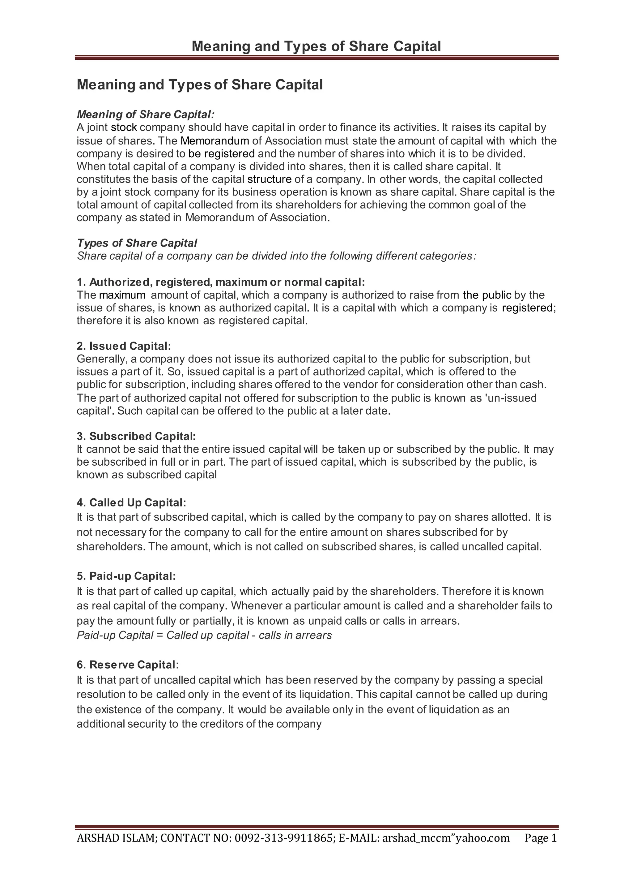 Meaning and types of share capital 2 | DOCX