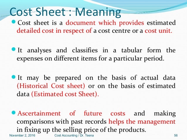 Meaning Cost Sheet Meaning Cost Sheet