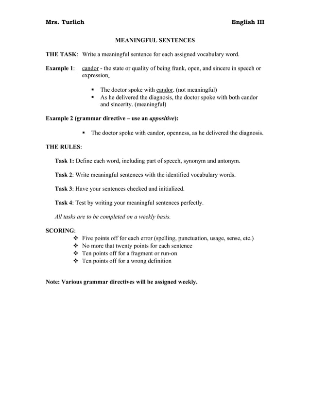 Meaningful sentences | DOC | Homework and Study | Education