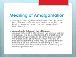 Meaning of Merger, Amalgamation, Acquisition and Merger Types | PPTX