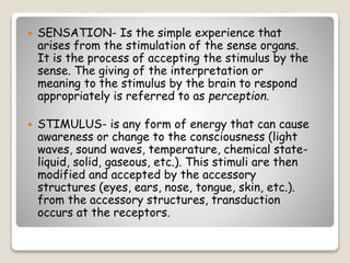 Sensation and Characteristics of Sense Receptors | PPTX