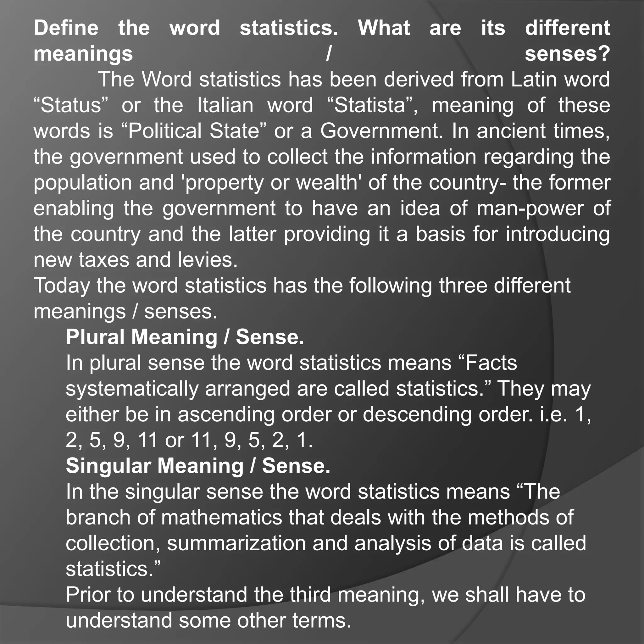 What are the different Senses / Meanings of the Word Statistics | PPTX