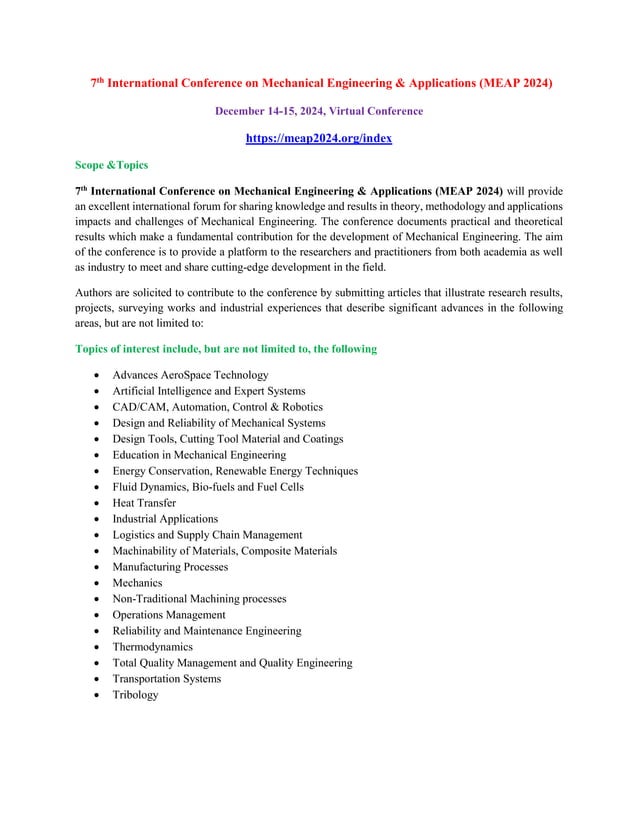 7th International Conference on Mechanical Engineering & Applications ...
