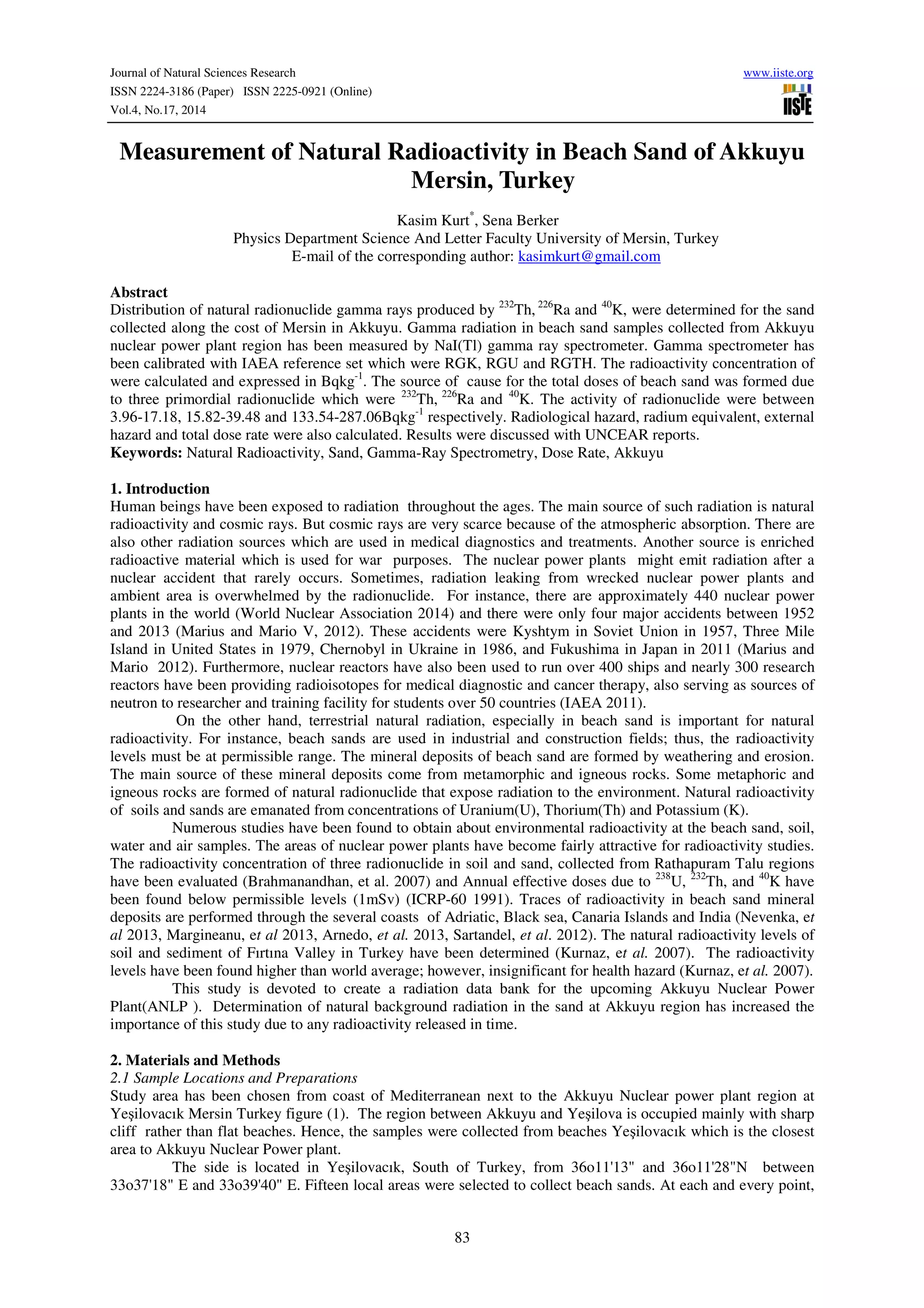 Measurement of natural radioactivity in beach sand of akkuyu | PDF