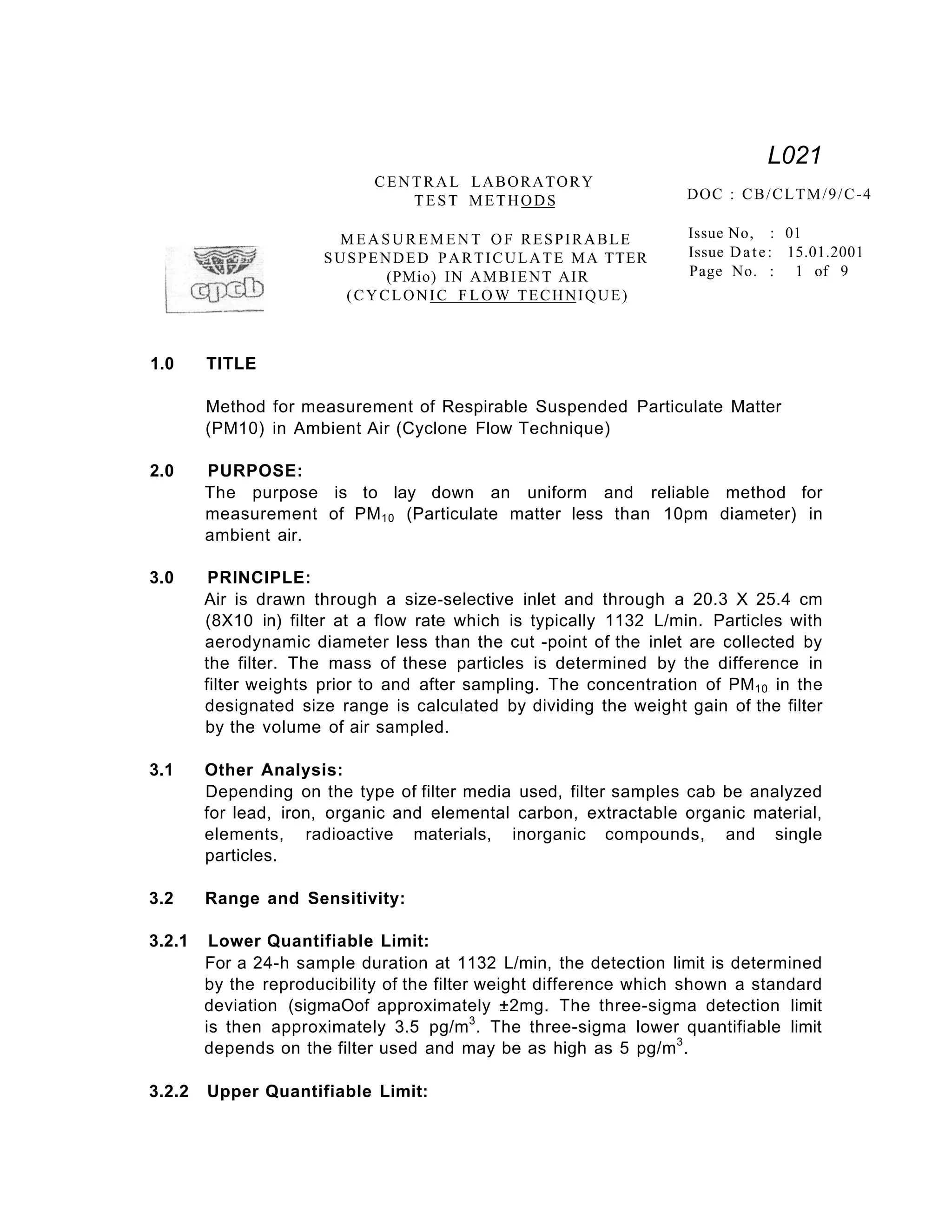 Measurement of Respirable Suspended Pm10 Particles | PDF