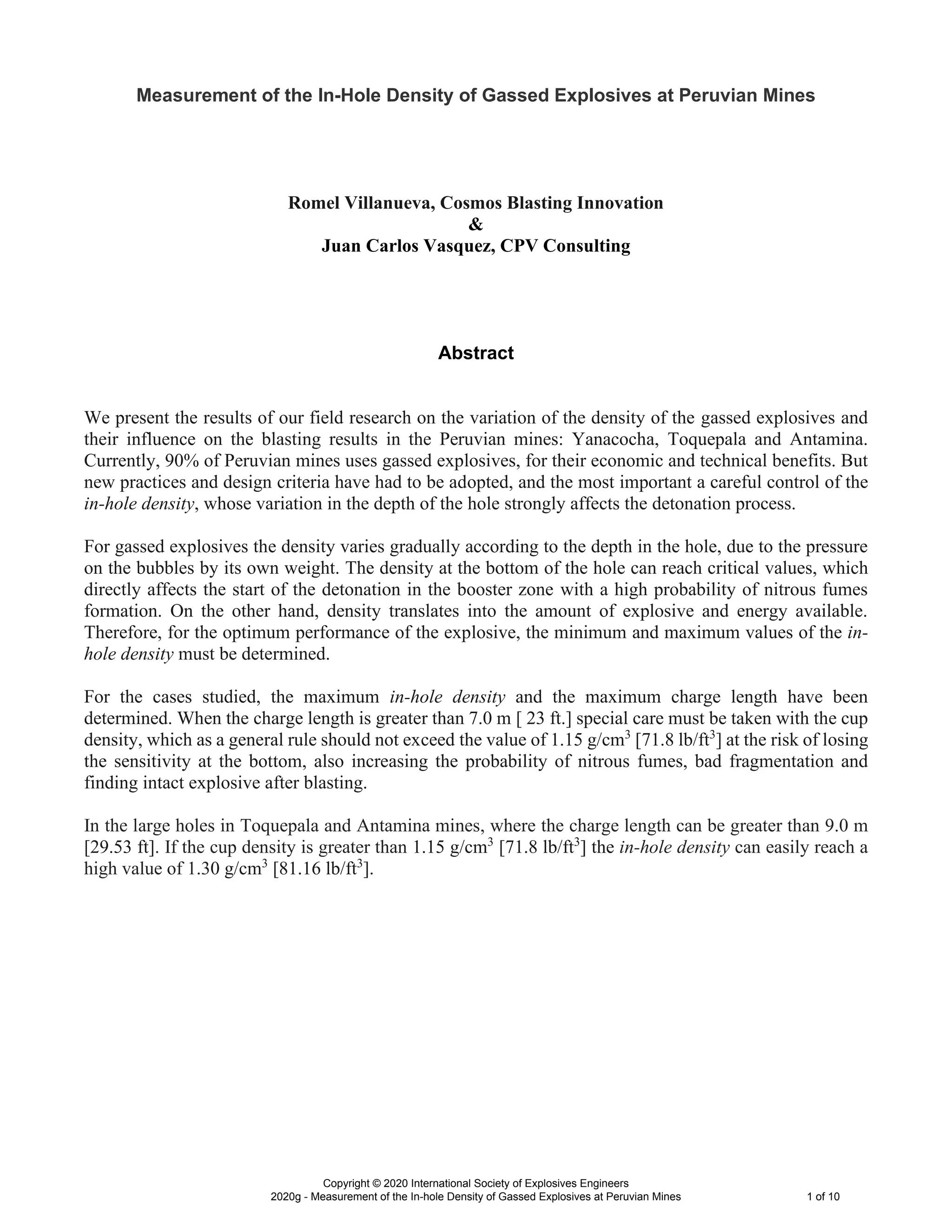 Measurement of the in hole density of gassed explosives at peruvian ...