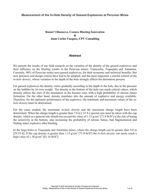 Measurement of the in hole density of gassed explosives at peruvian ...