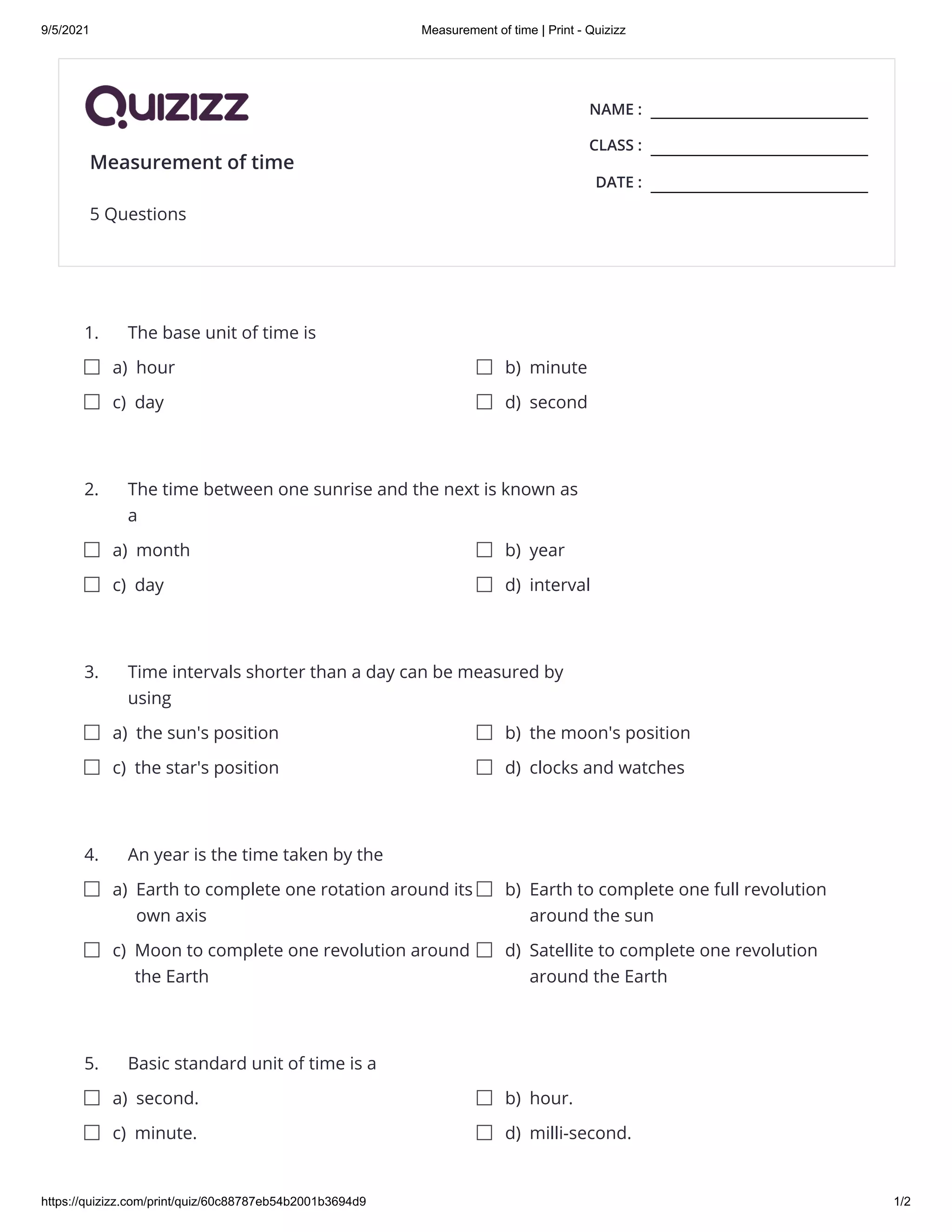 CLASS VI - Measurement of time - quizizz | PDF