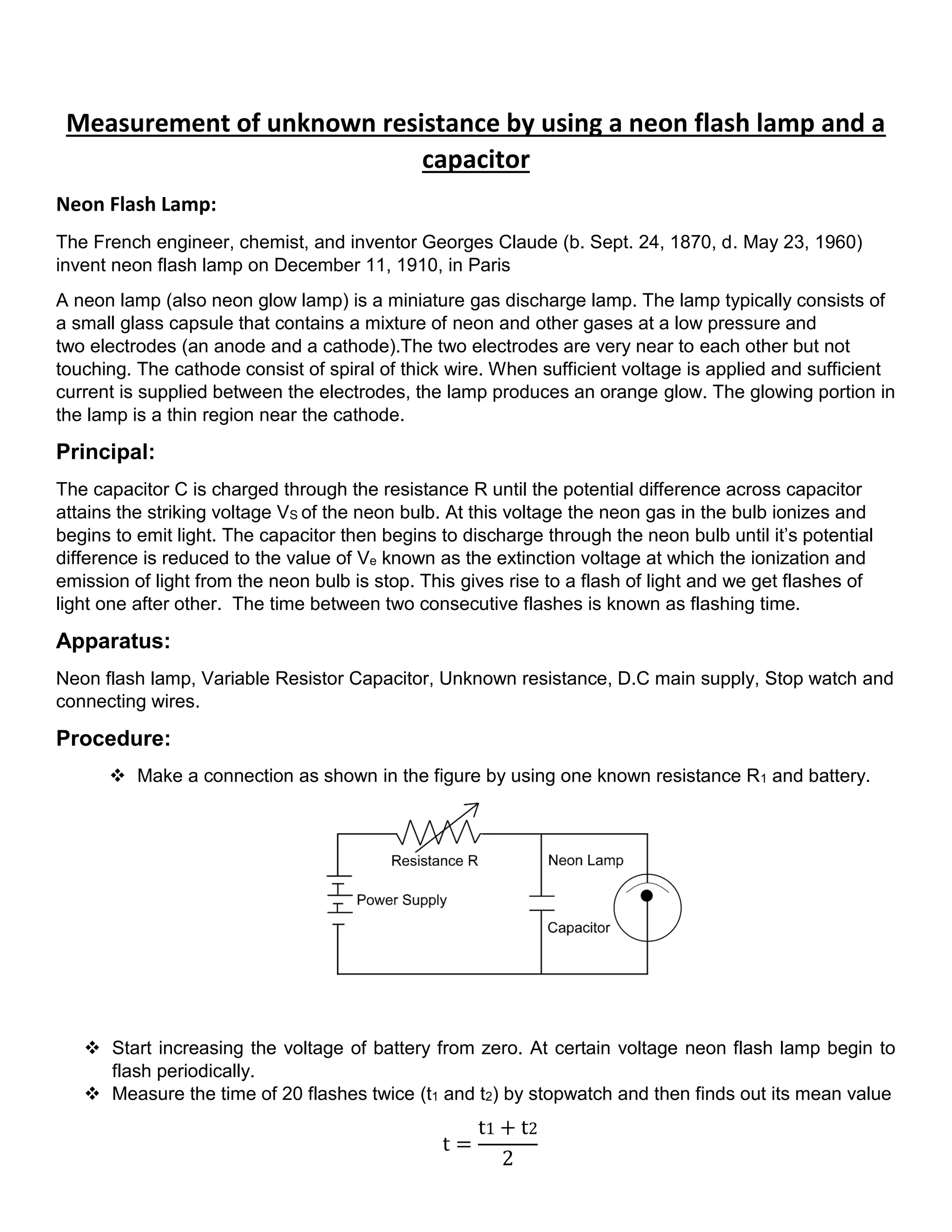 Measurement of unknown resistance by using a neon flash lamp and a ...