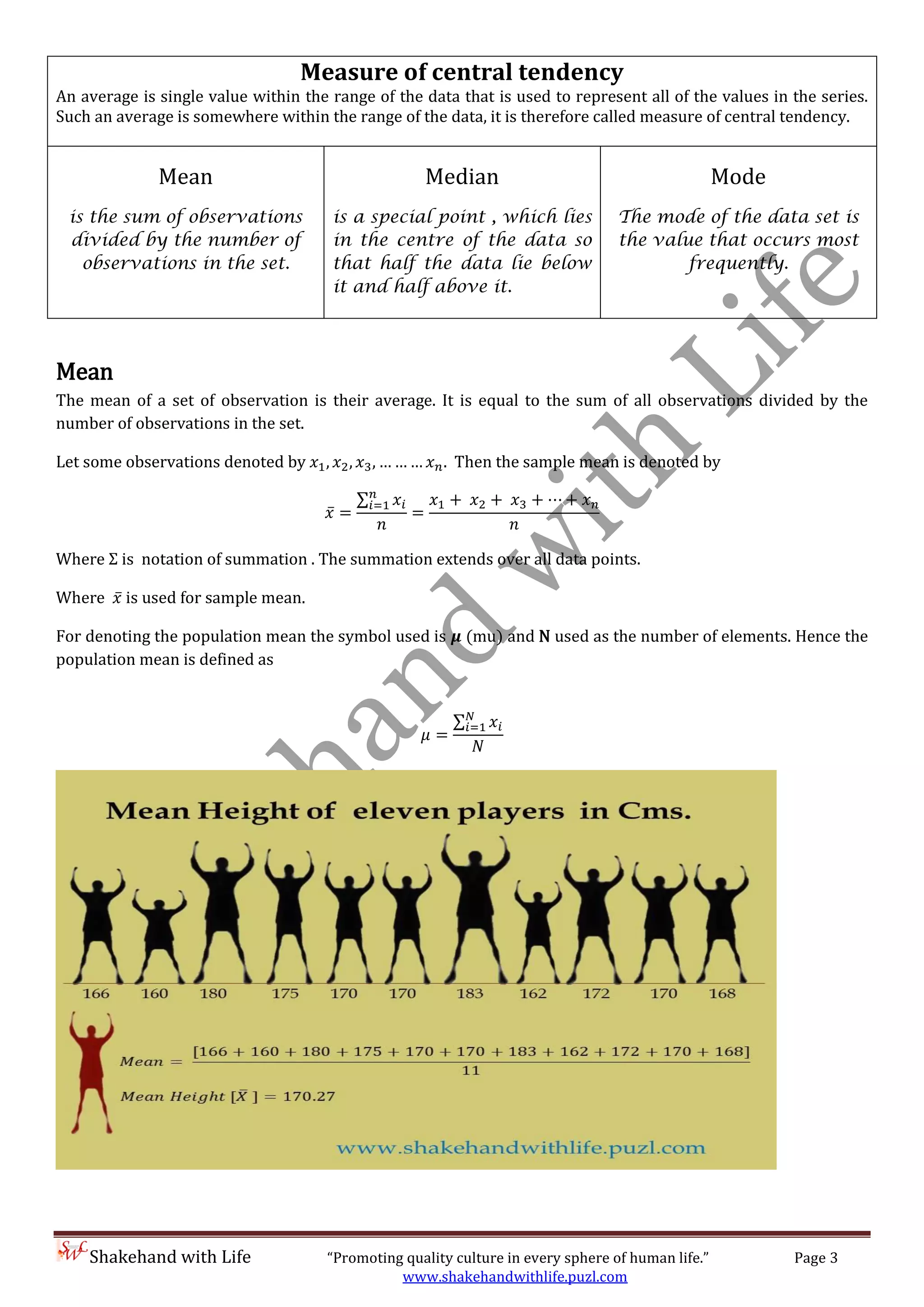 Measure of central tendency (Mean, Median and Mode) | PDF