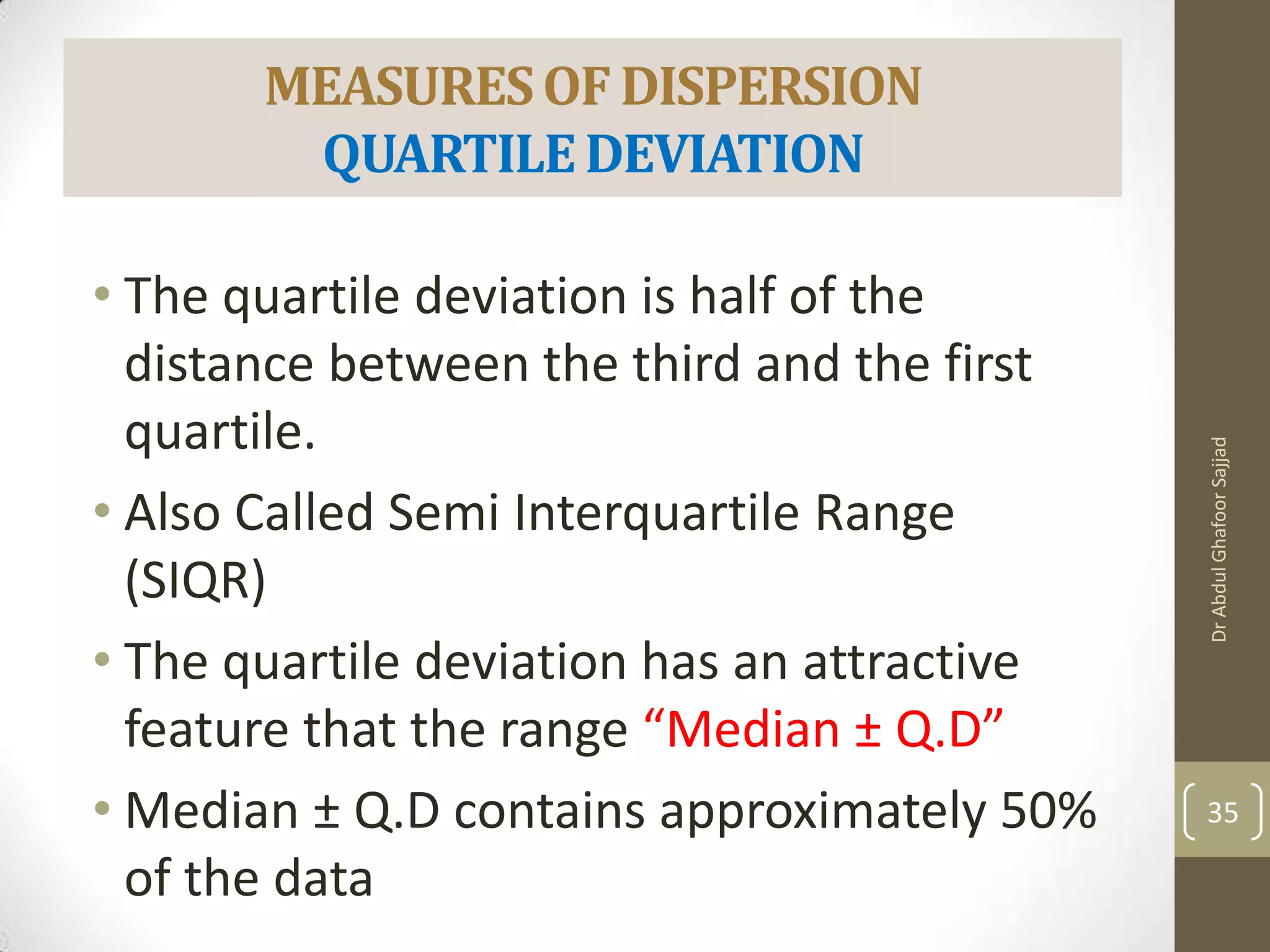 Measures of dispersion (ranges, quartile deviation, variance and standard deviation) by abdul ...
