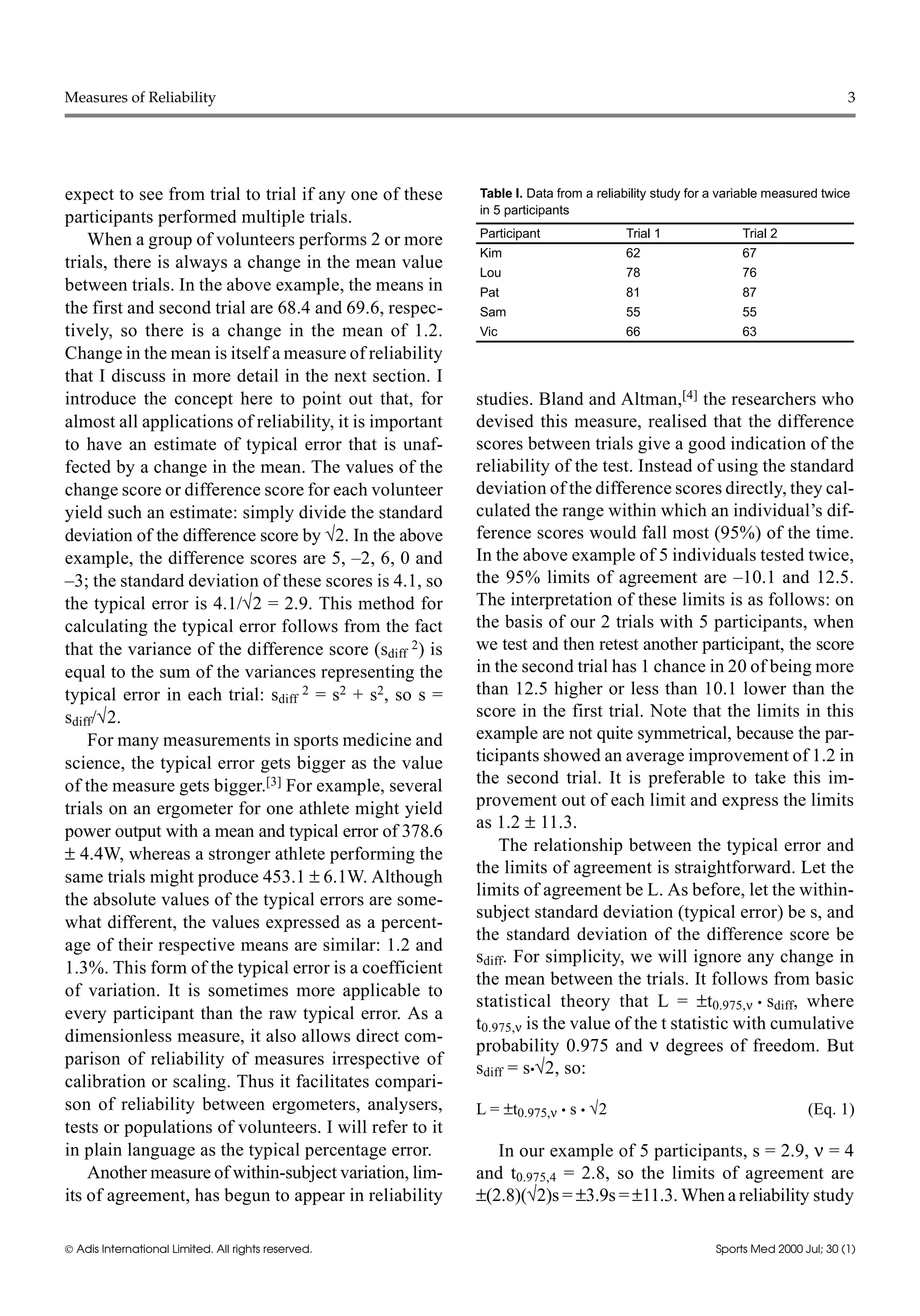 Measures of reliability in sports medicine and science | PDF
