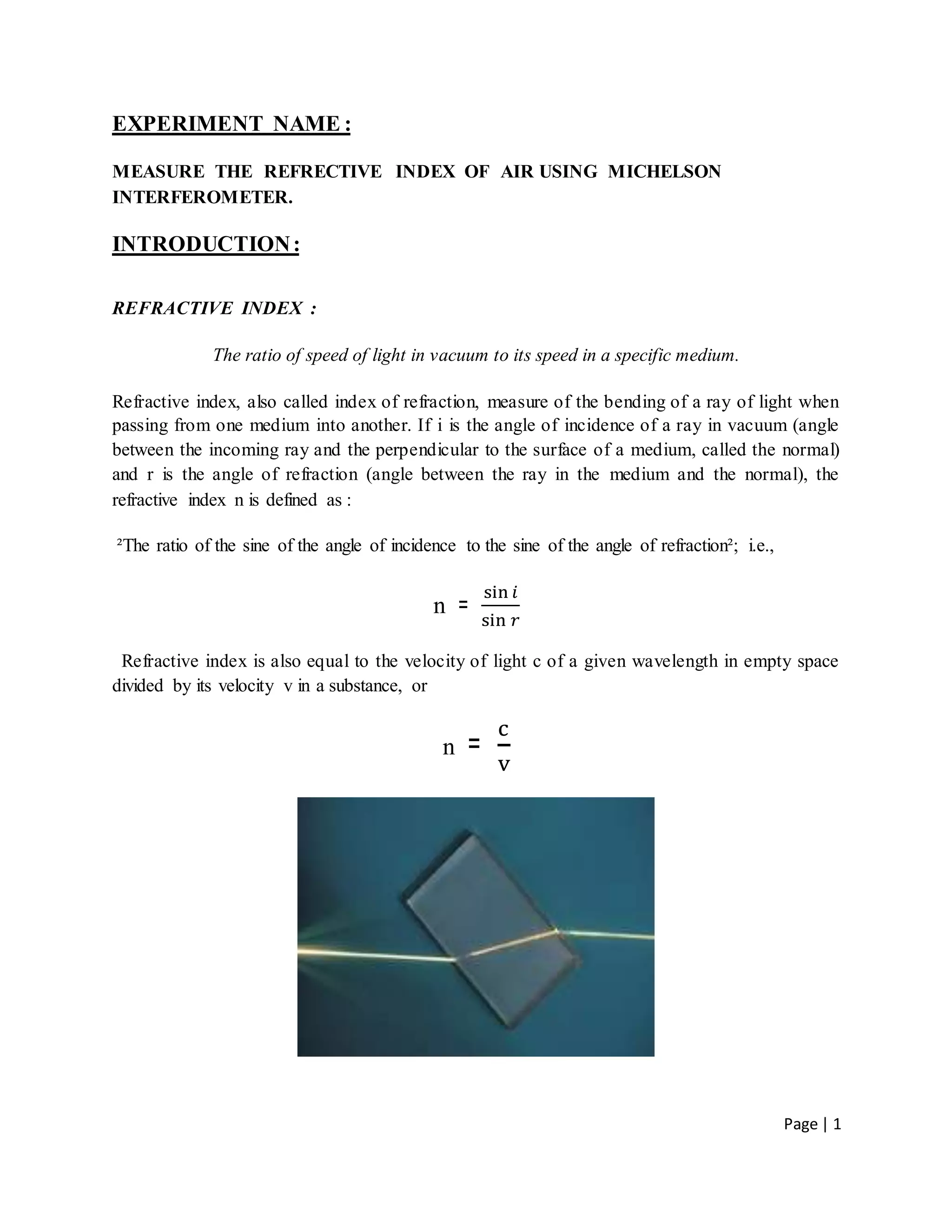 Measure the refractive index of air using a Michelson interferometer. | DOCX