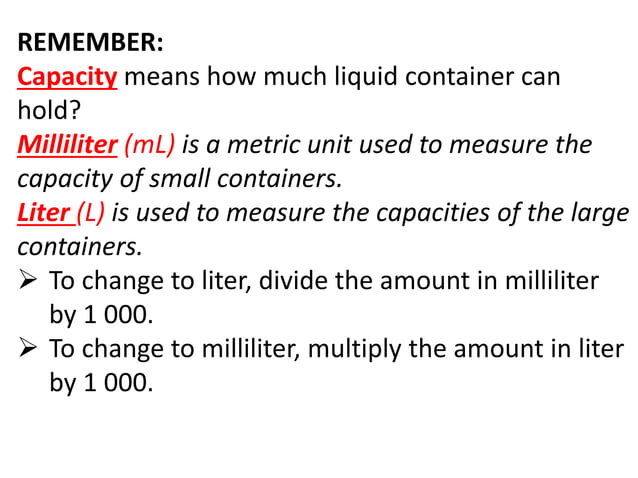 LIQUID-CAPACITY MEASURE-LITER-MILLILITER.pptx | Chemistry | Science