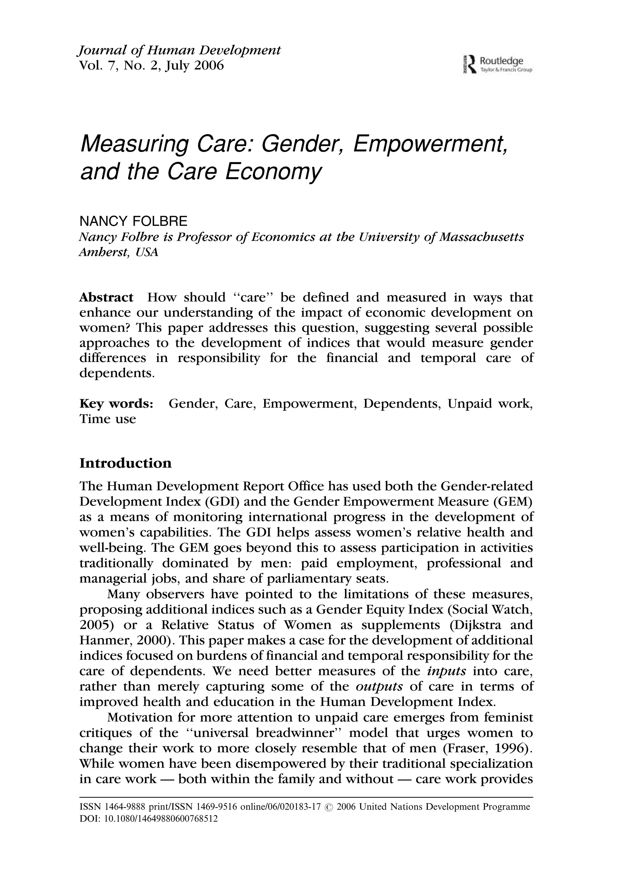 Measuring care gender, empowerment and the care economy | PDF