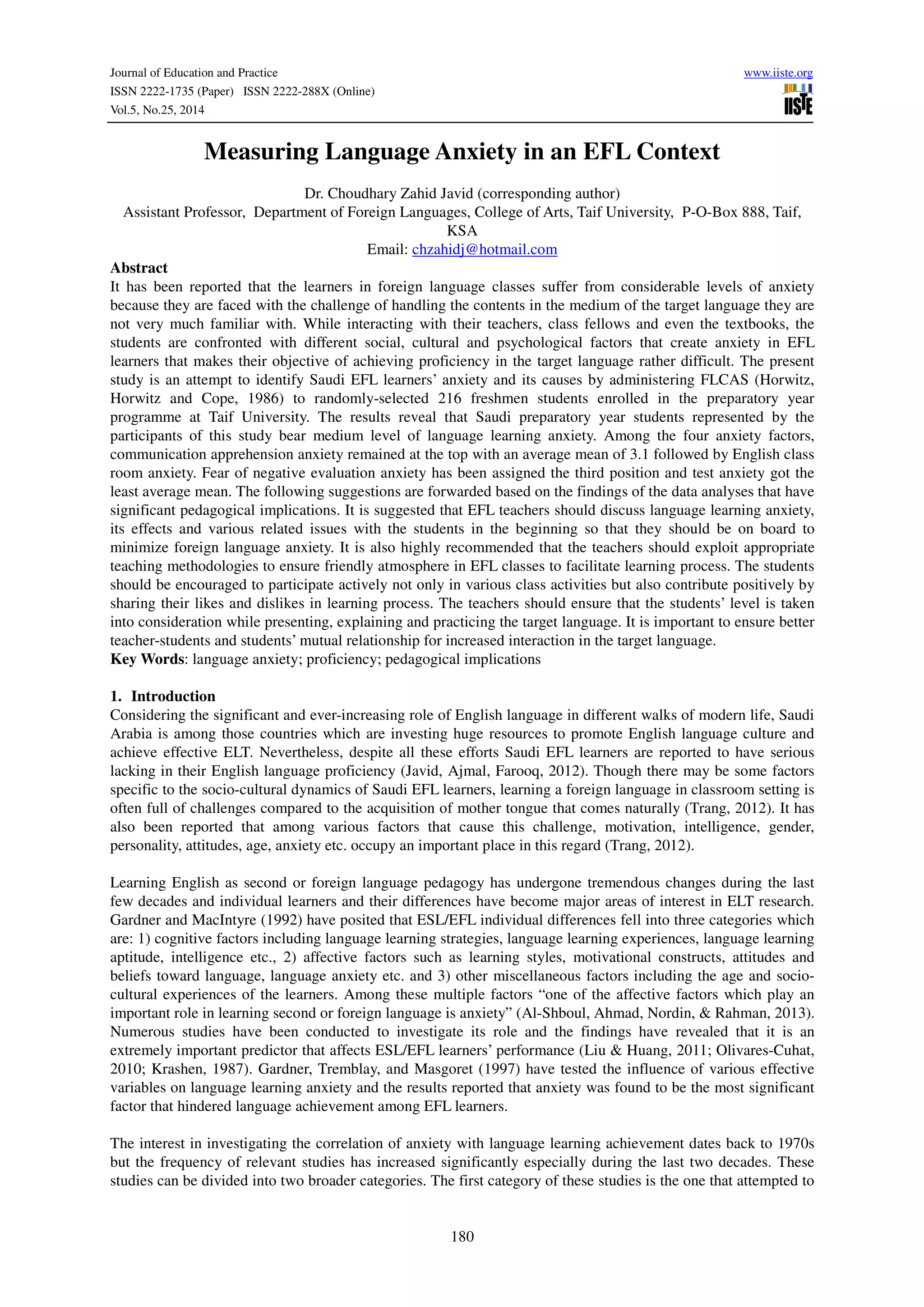 Measuring language anxiety in an efl context | PDF | Brain and Nervous System Disorders ...